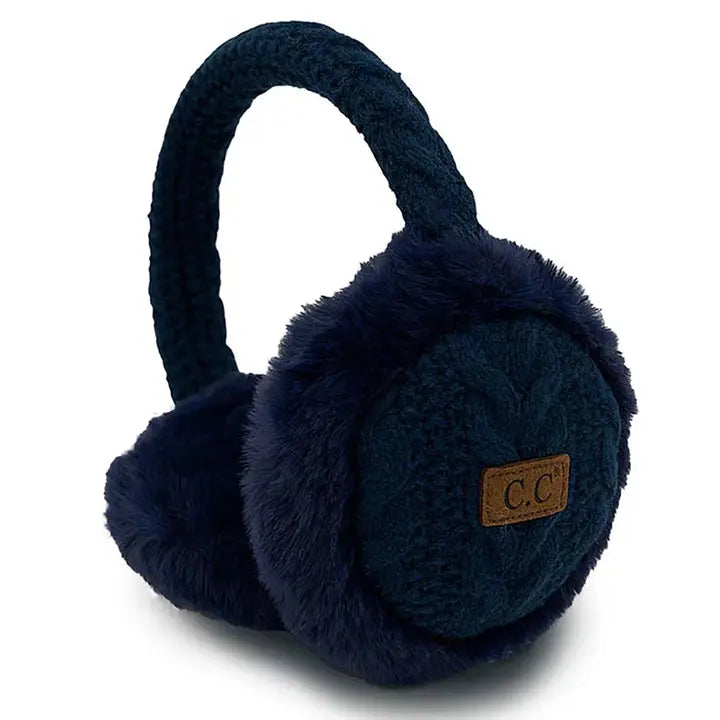 Ladies Cable Knit Faux Fur Navy Blue Ear Muffs – THE CHRISTMAS RANCH